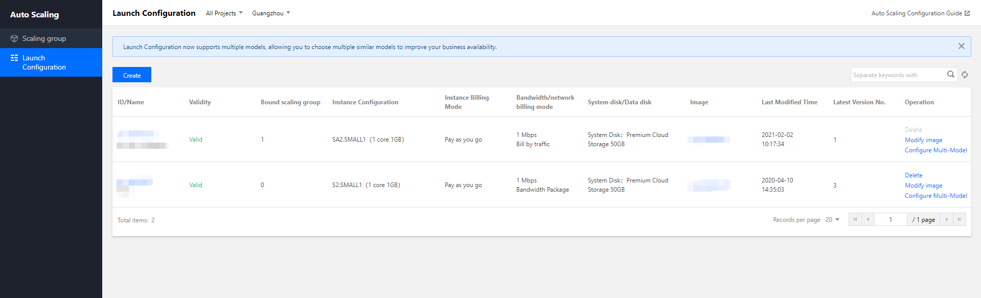 Viewing Launch Configuration List Tencent Cloud